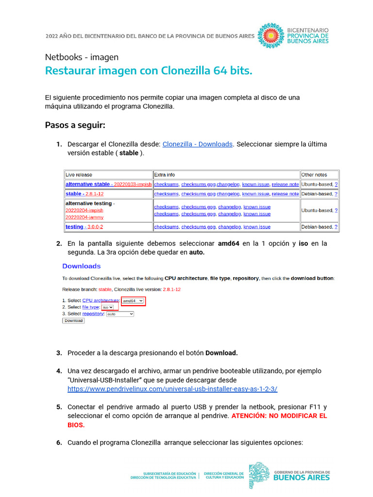 Restaurar Netbooks con Clonezilla 64-bit | PDF