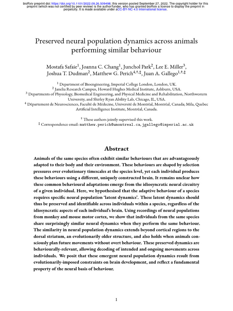 Preserved Neural Population Dynamics Across Animals Performing Similar Behaviour | PDF | Brain ...