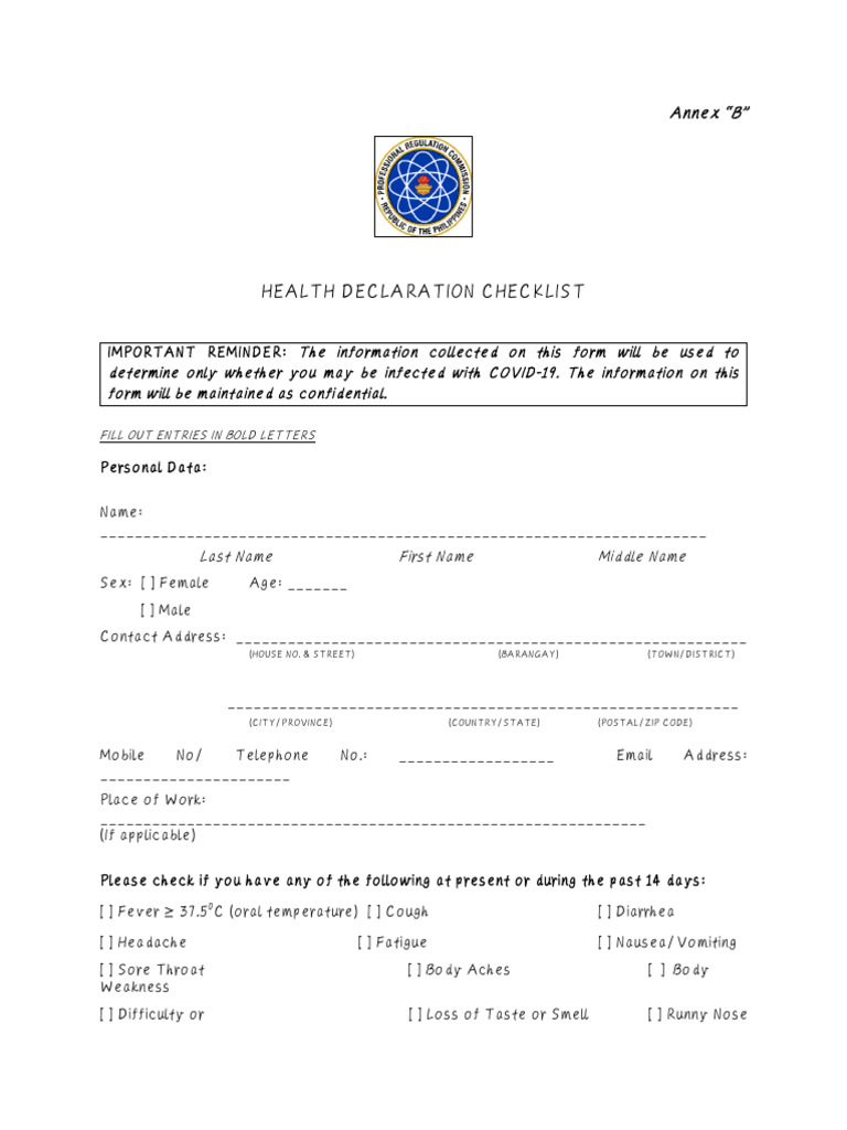 Annex B Health Declaration Form | PDF | Diseases And Disorders ...