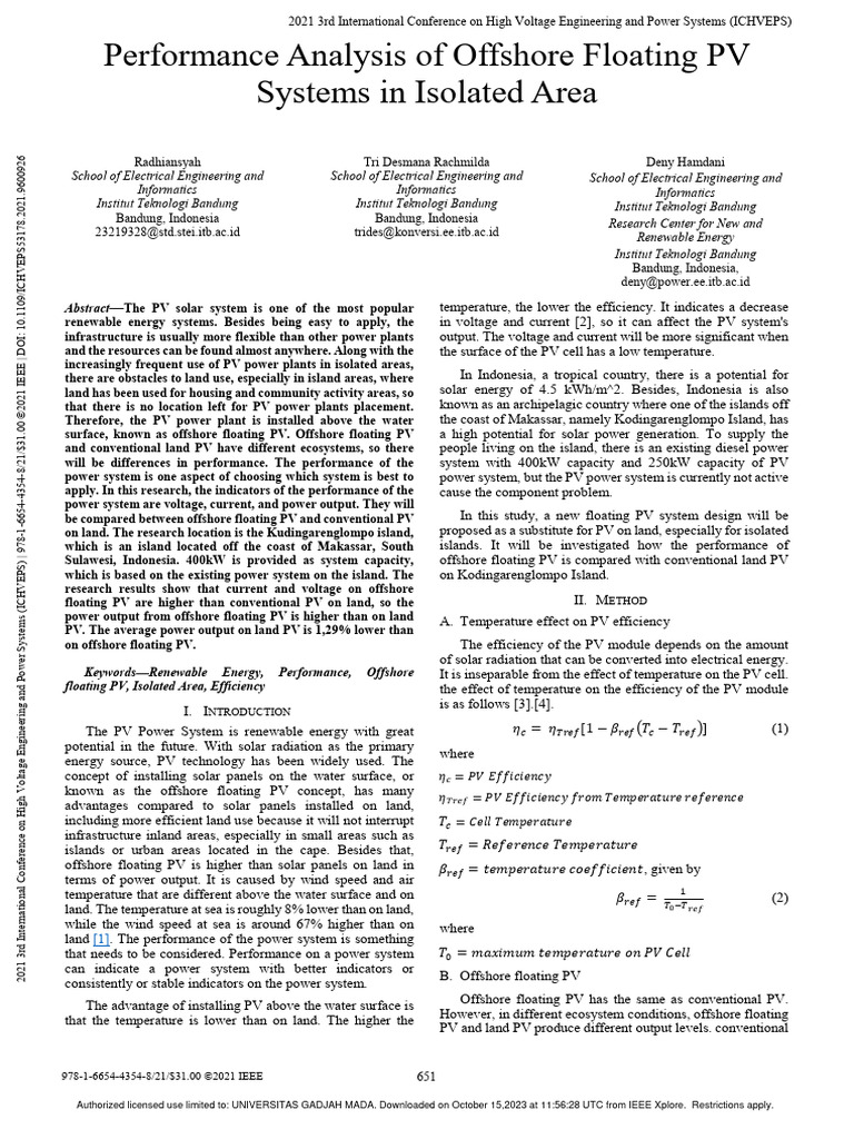 Performance Analysis of Offshore Floating PV Systems in Isolated Area ...