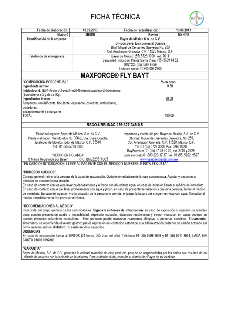 Maxforce Fly Bayt - Ficha Tecnica | PDF | Agua | Toxicología