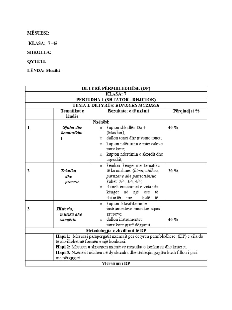 Muzika 7 - Detyrë Përmbledhëse 2023-2024 | PDF