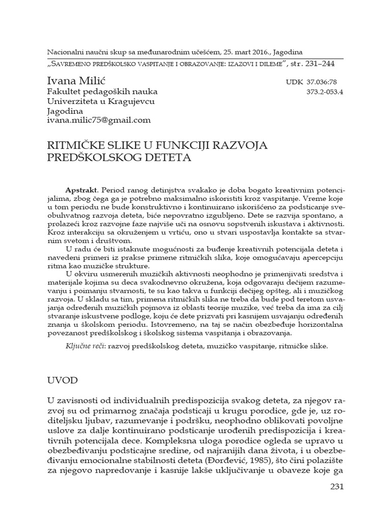 Ivana Milić RITMIČKE SLIKE U FUNKCIJI RAZVOJA PREDŠKOLSKOG DETETA | PDF