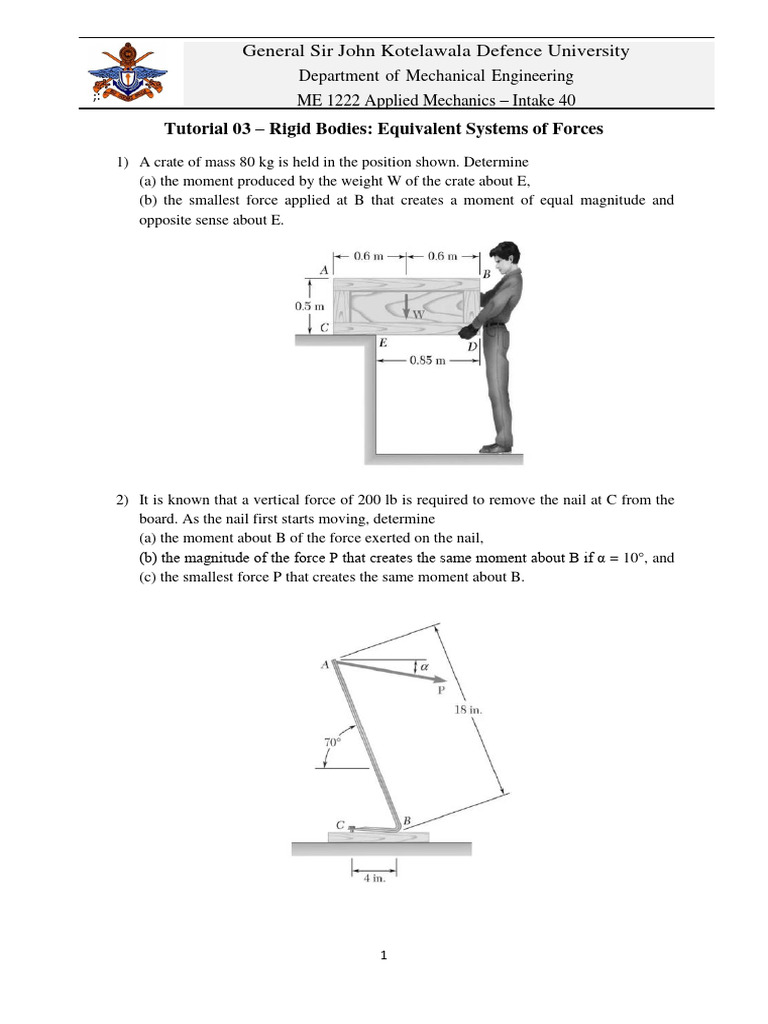 Tutorial 03 - Rigid Bodies Equivalent Systems of Forces | PDF | Force | Applied And ...