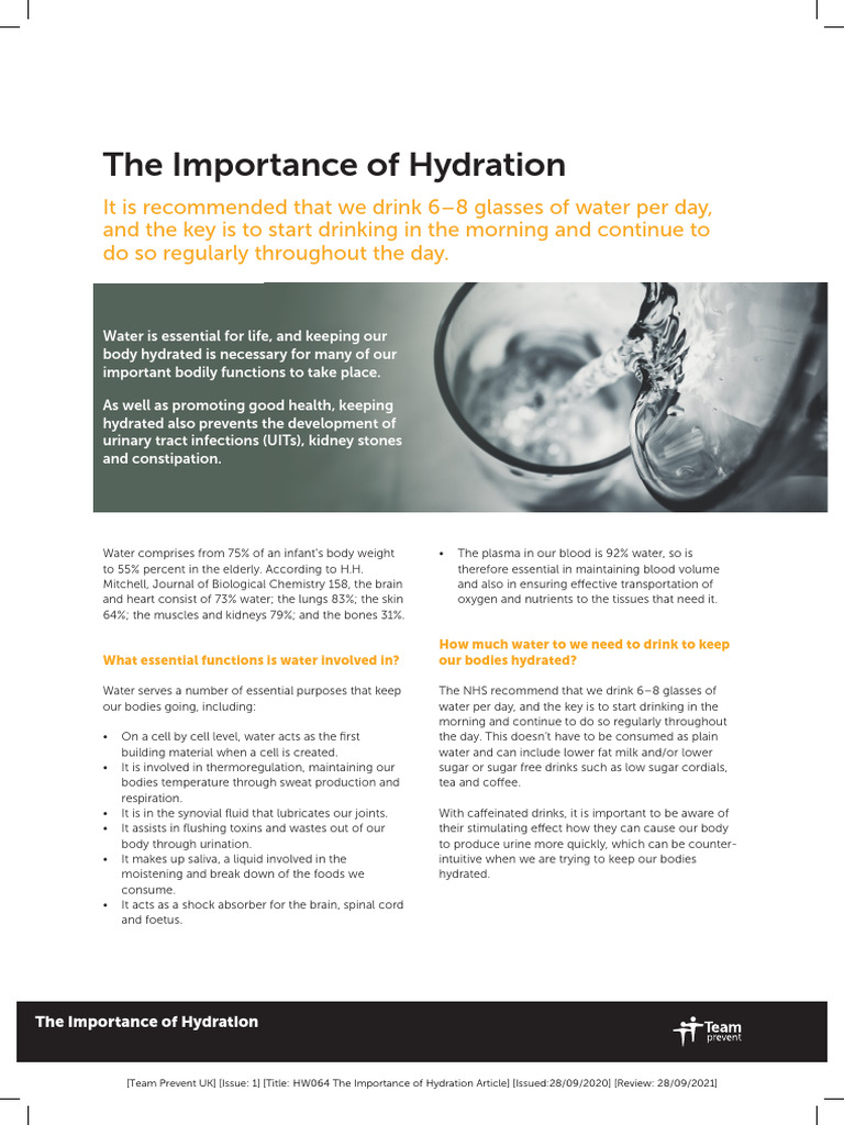 The Importance of Hydration Article | PDF | Dehydration | Water
