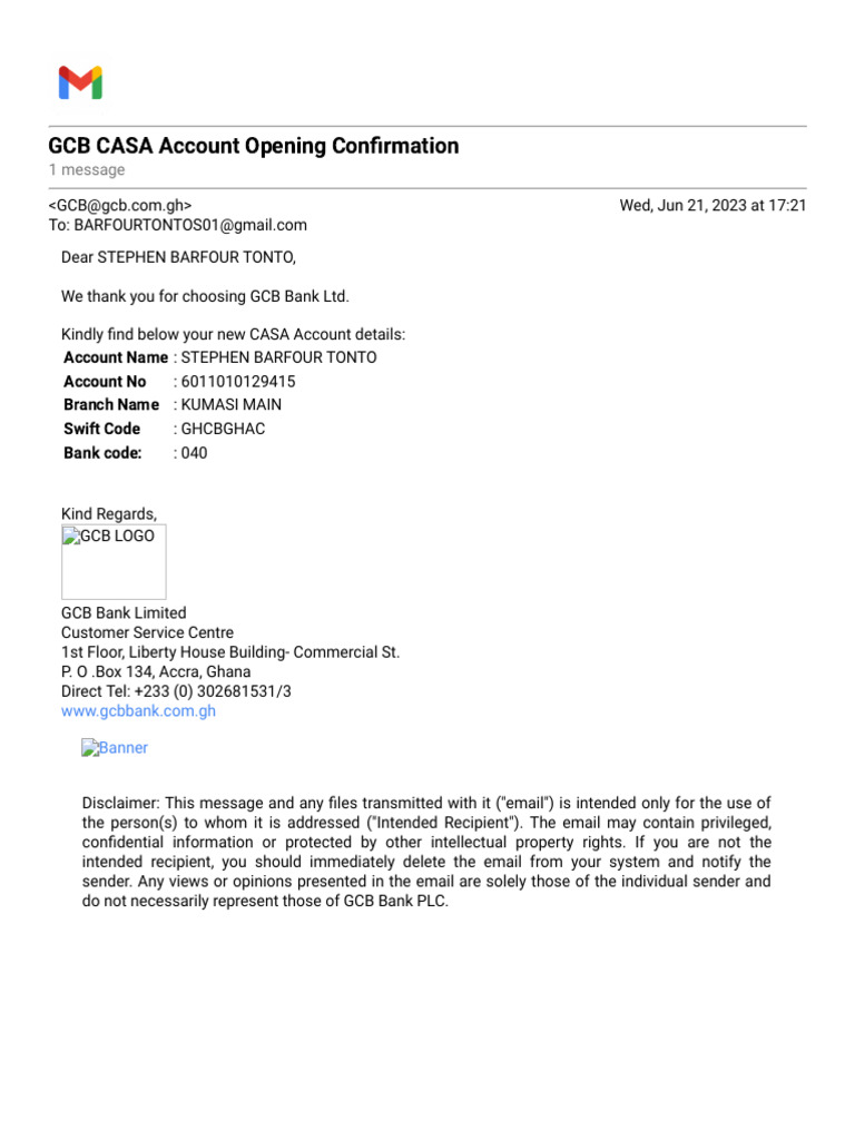 GCB CASA Account Opening Confirmation | PDF | Finance & Money Management