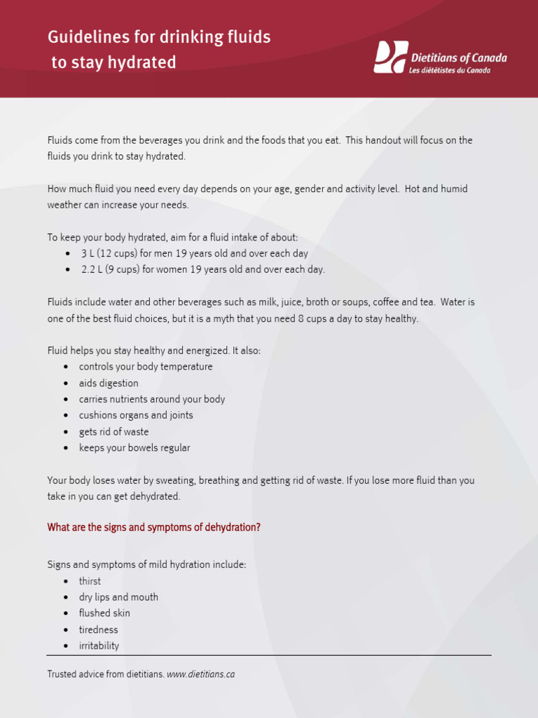 FACTSHEET Guidelines Staying Hydrated | PDF | Dehydration | Drink