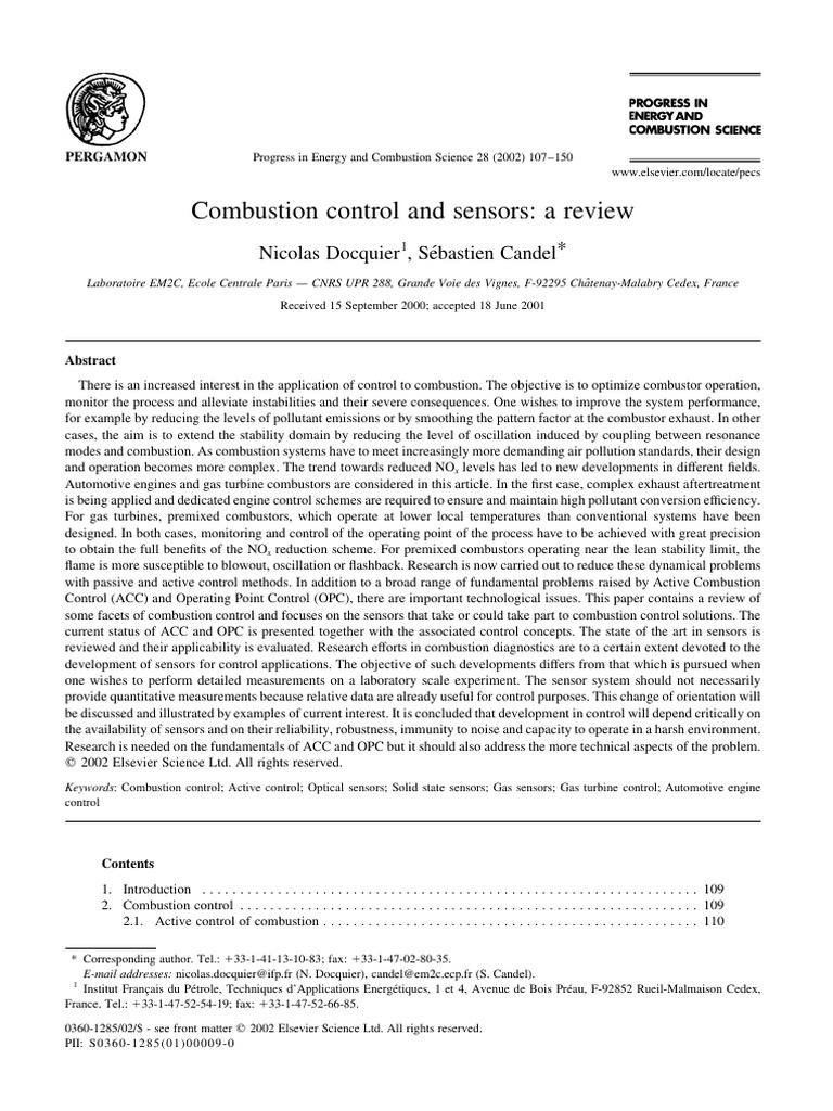 Progress In Energy And Combustion Science 2002 Combustion Control And Sensors A Review Pdf