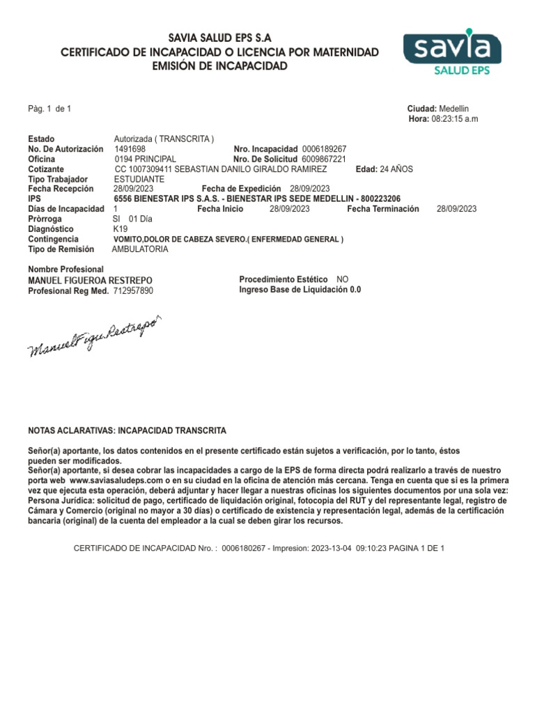 CERTIFICADO EPS SAVIA SALUD SEBASTIAN RAMIREZ - Backup | PDF