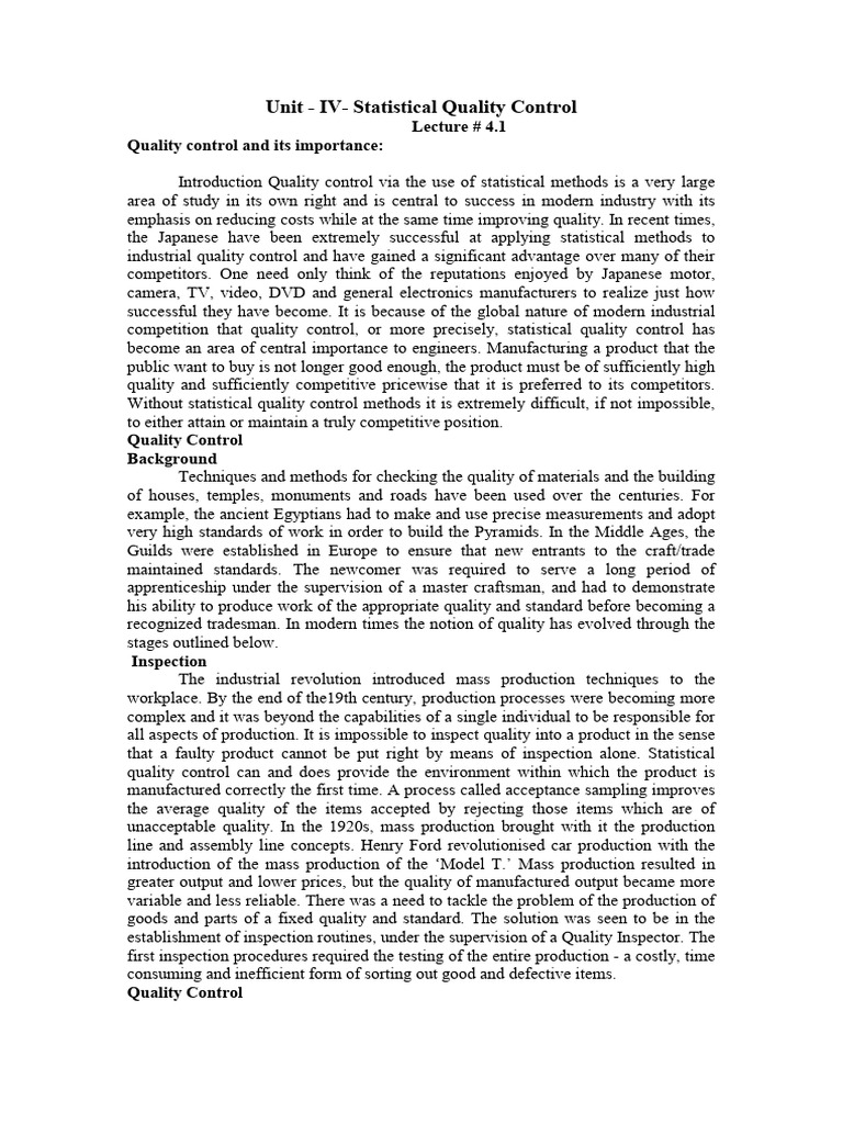 Unit IV - Stastical Quality Control | PDF
