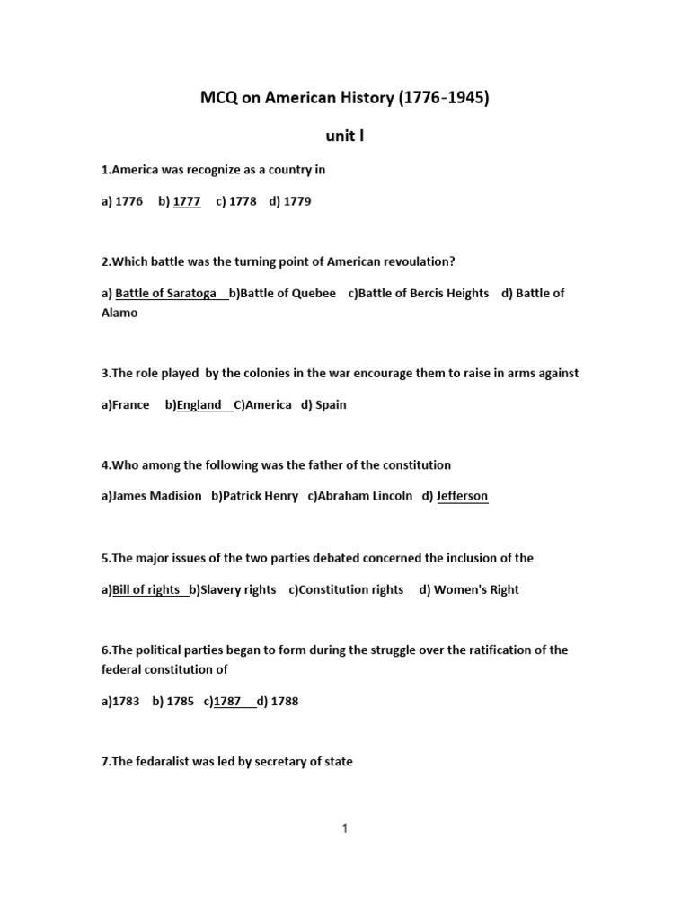 American History MCQs: 1776-1945 | PDF | Confederate States Of America ...