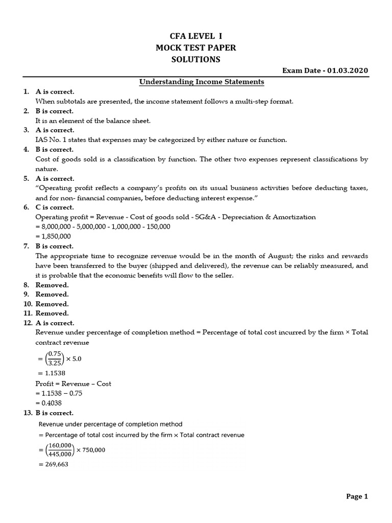Cfa L 1 Mock Test Paper - Solution - 2024 | PDF | Stocks | Earnings Per ...