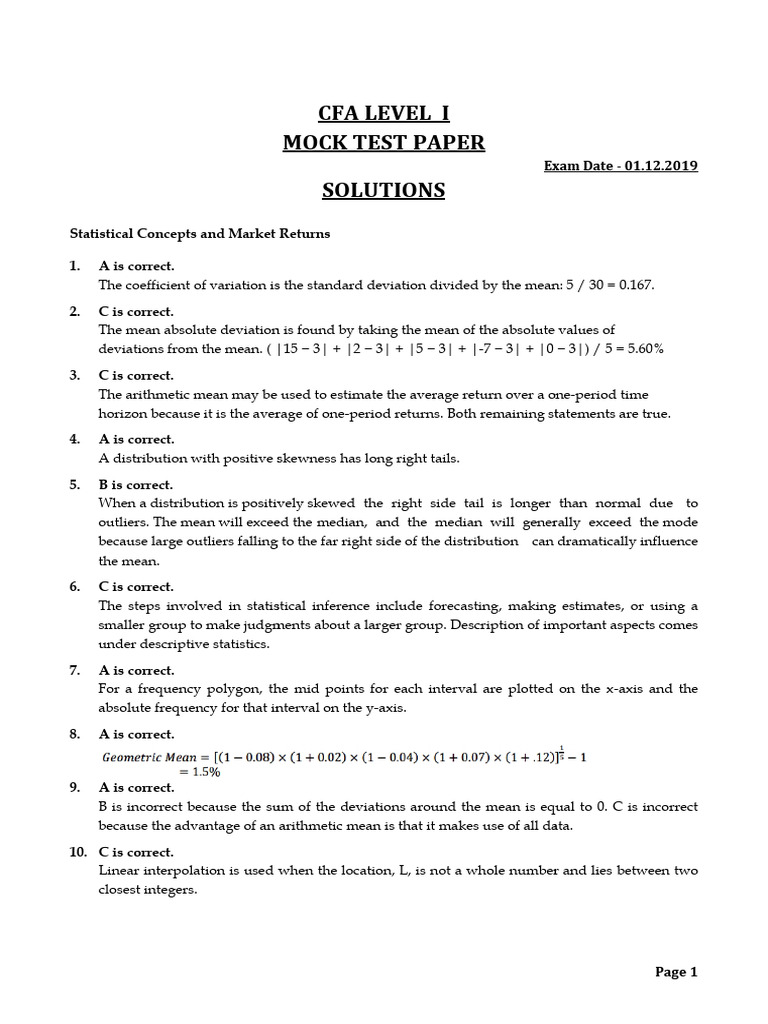 Cfa L 1 Mock Paper - Solution - 2024 | PDF | Mean | Normal Distribution