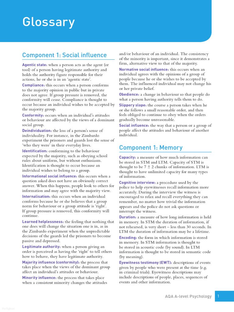 AQA Psychology MRN Glossary | PDF | Attachment Theory | Memory