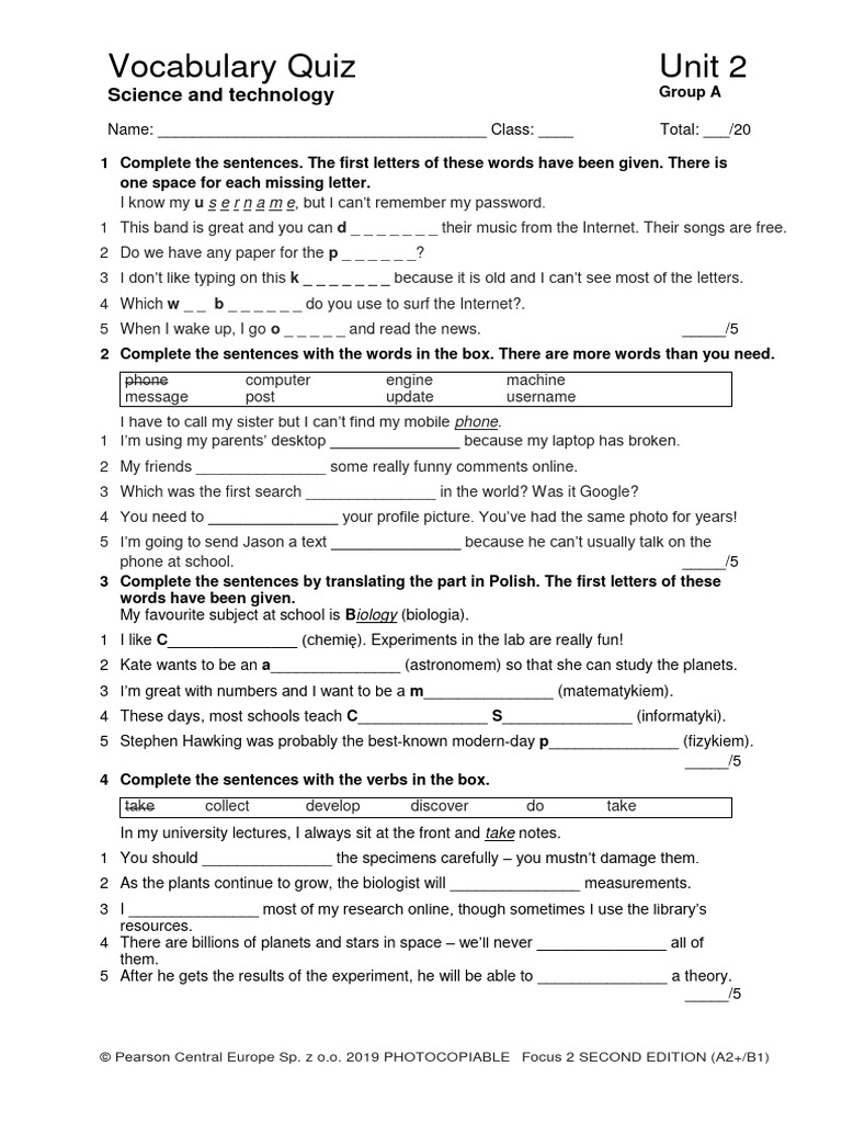 Focus 2 2ed Vocabulary Quiz Unit2 GroupA | PDF | Human Communication | Computing