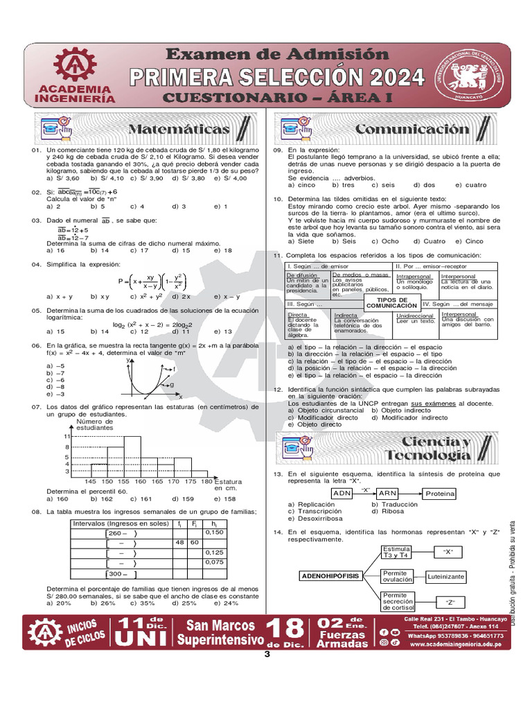 Exa y Solu Area I PS 2024 | PDF | Glucosa | Carbohidratos