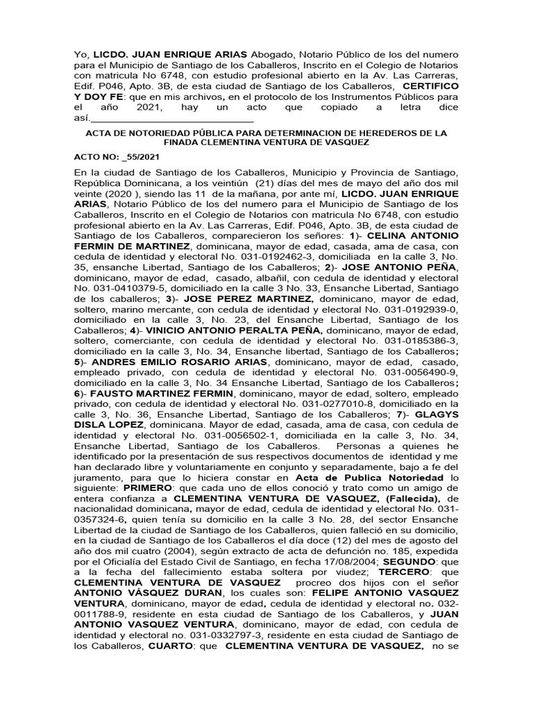 Acta de Notoriedad Pública para Determinacion de Herederos de La Finada ...
