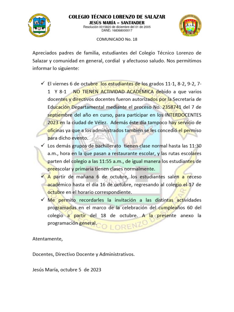 Comunicado No. 18 | PDF