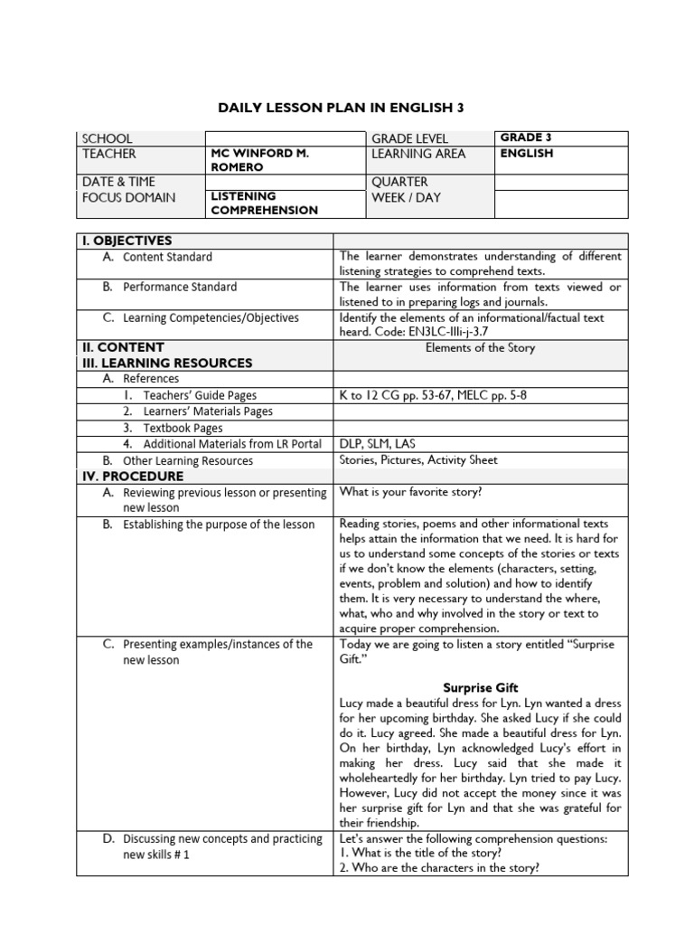 Grade 3 English Listening Lesson Plan | PDF | Lesson Plan | Learning