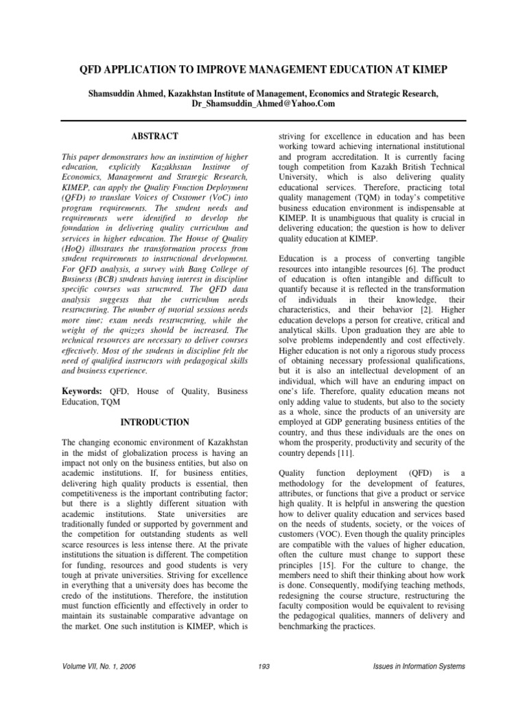 MS - QFD Application To Improve Management Education at KIMEP | PDF | Teachers | Curriculum