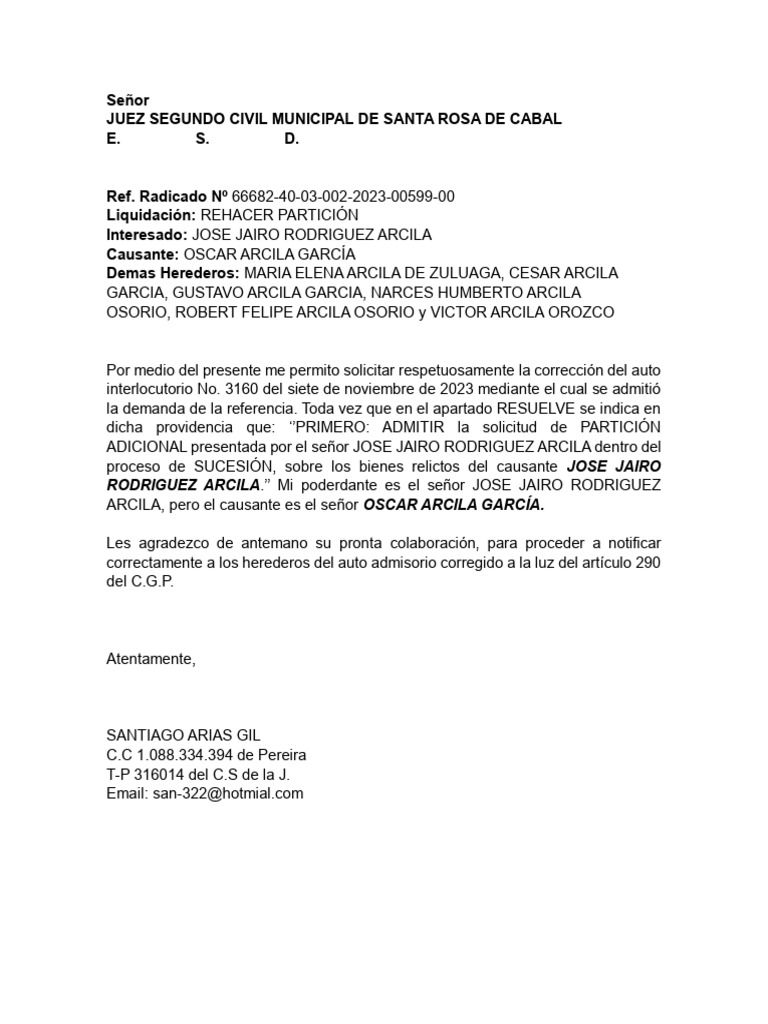 Memorial Solicitud Corrección Auto Admisorio | PDF Memorial Solicitud Corrección Auto Admisorio | PDF