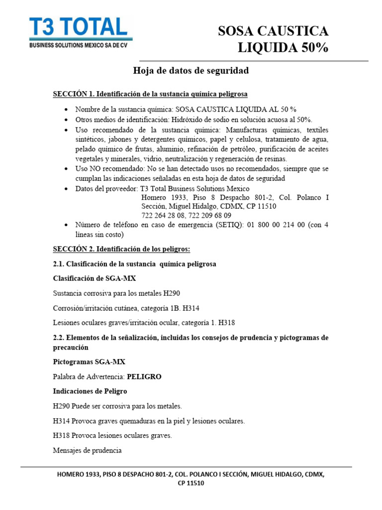 Hoja de Seguridad: Sosa Cáustica 50% | PDF | Quemar | Hidróxido de sodio