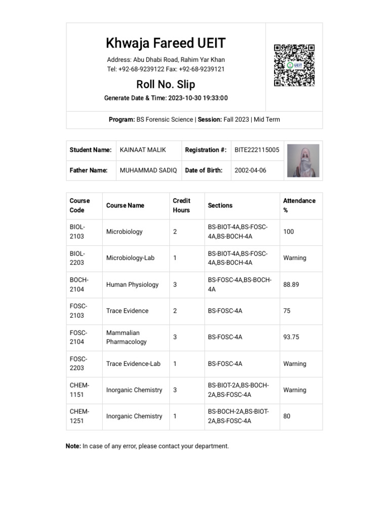 KFUEIT - RollNo - Slip | PDF