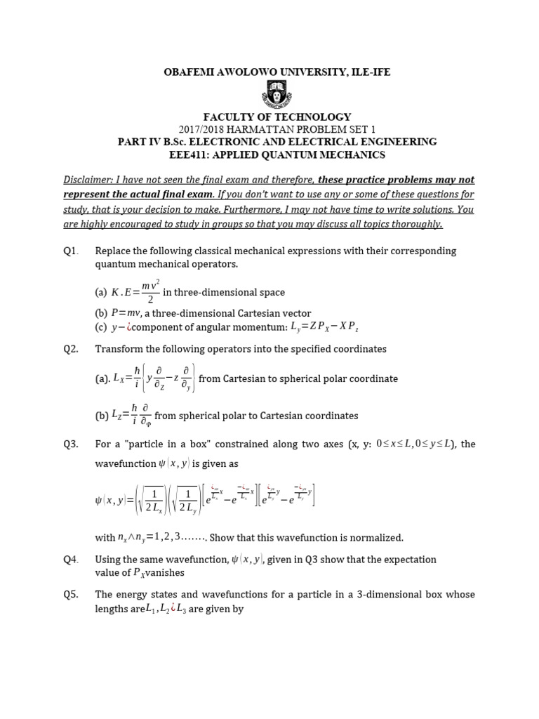 Tutorial Questions | PDF | Wave Function | Energy Level