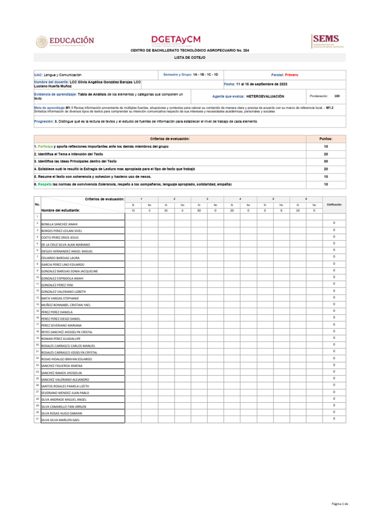 Lyc1-P3 Lista de Cotejo Heteroevaluación Cbta254 | PDF | Evaluación | Ciencia cognitiva