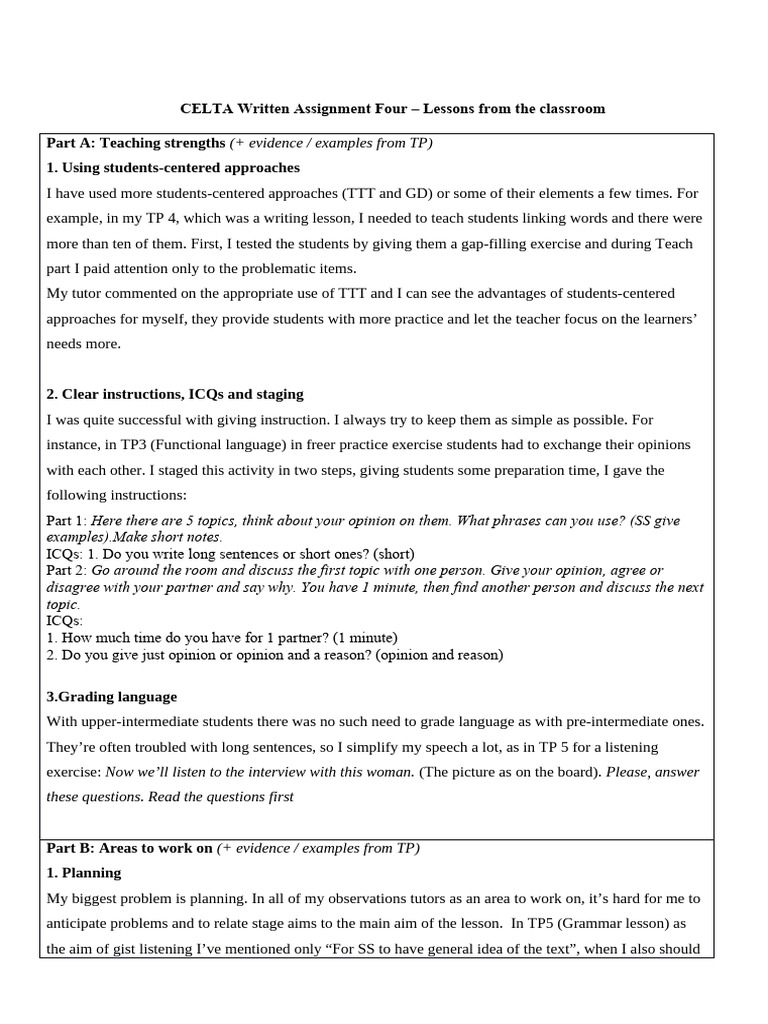 CELTA Written Assignment Four - Lessons From The Classroom | PDF ... CELTA Written Assignment Four - Lessons From The Classroom | PDF ...