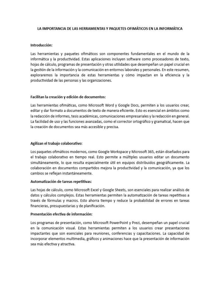 La Importancia de Las Herramientas y Paquetes Ofimáticos en La ...