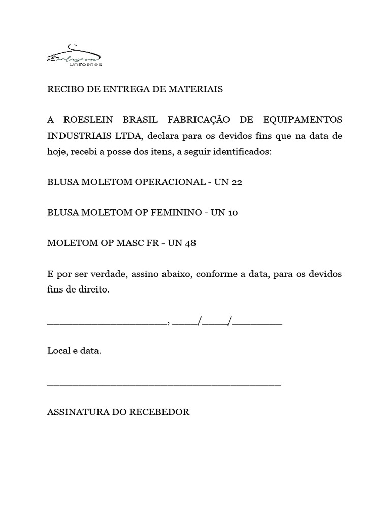 Recibo de Entrega de Materiais | PDF Recibo de Entrega de Materiais | PDF