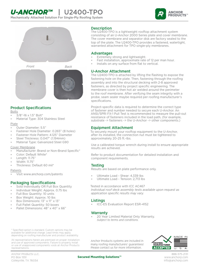 U-Anchor 2400 | PDF | Screw | Roof