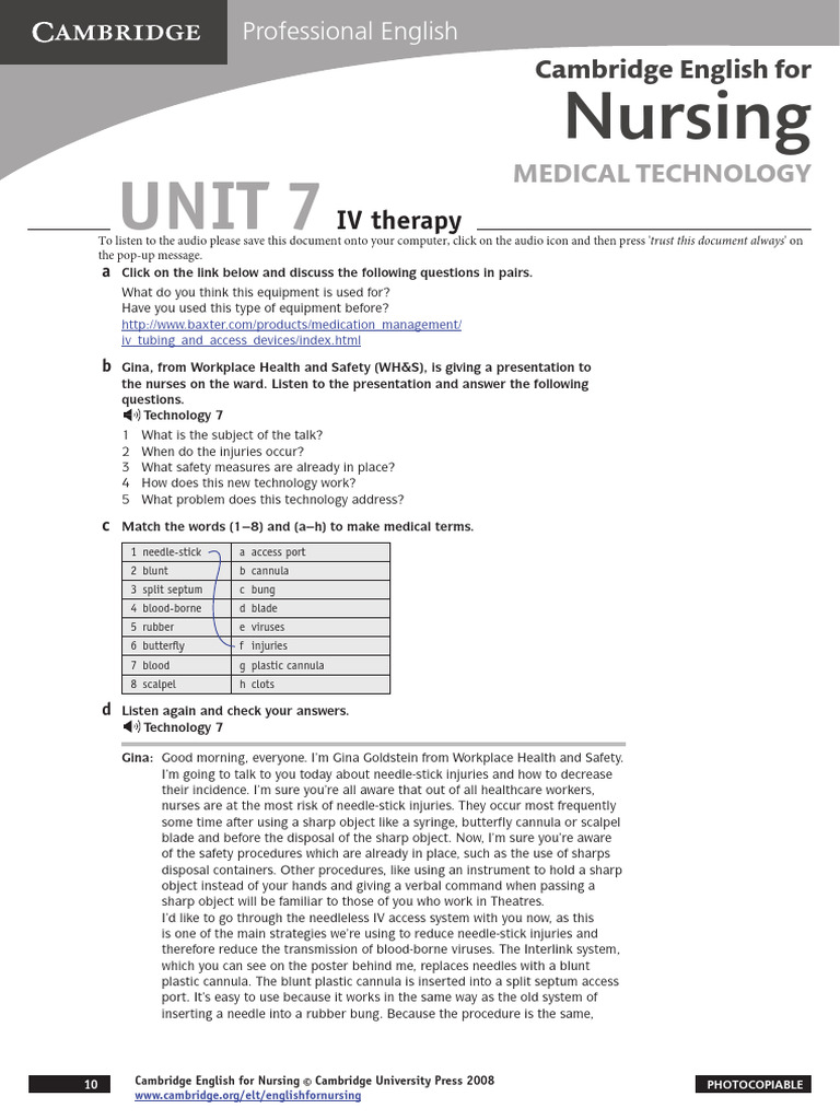 Cambridge English For Nursing Medical Technology Intermediate Unit7 Worksheet - 1 | PDF | Social ...
