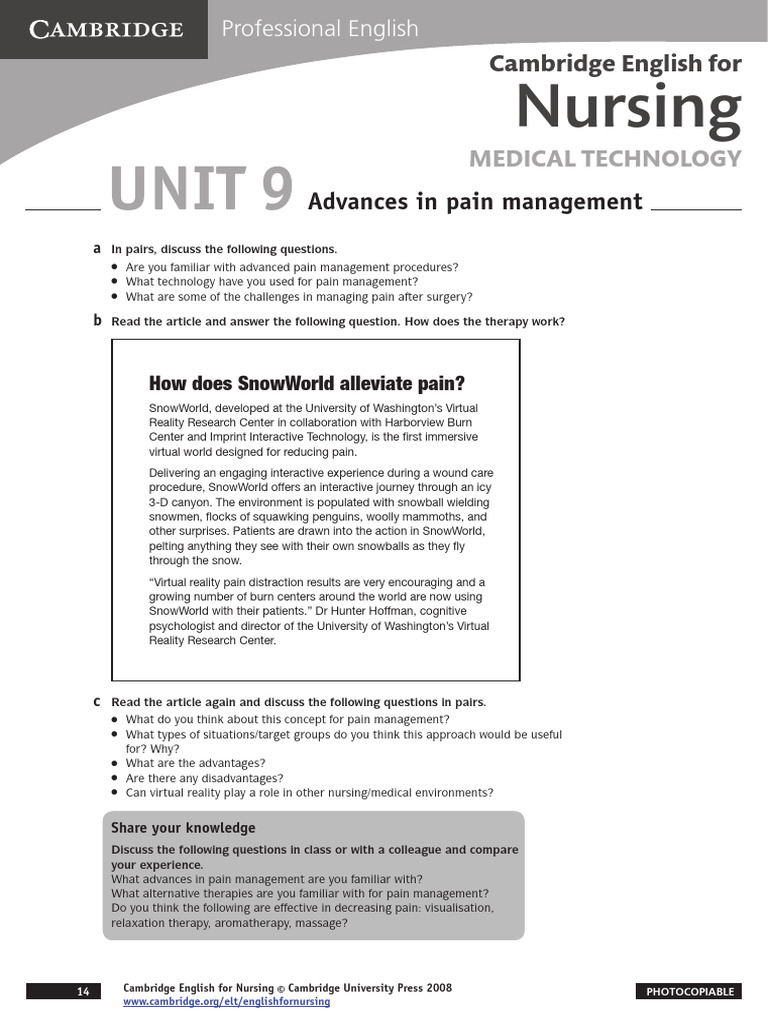 Cambridge English For Nursing Medical Technology Intermediate Unit9 Worksheet | PDF | Pain ...