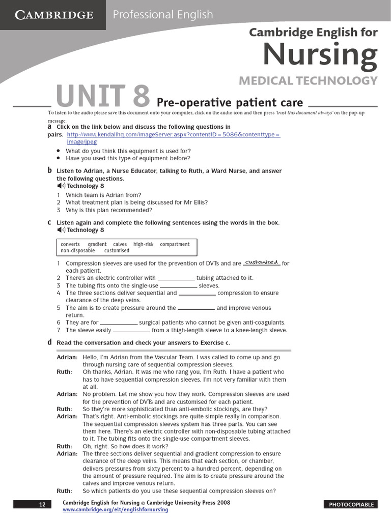 Cambridge English For Nursing Medical Technology Intermediate Unit8 ...