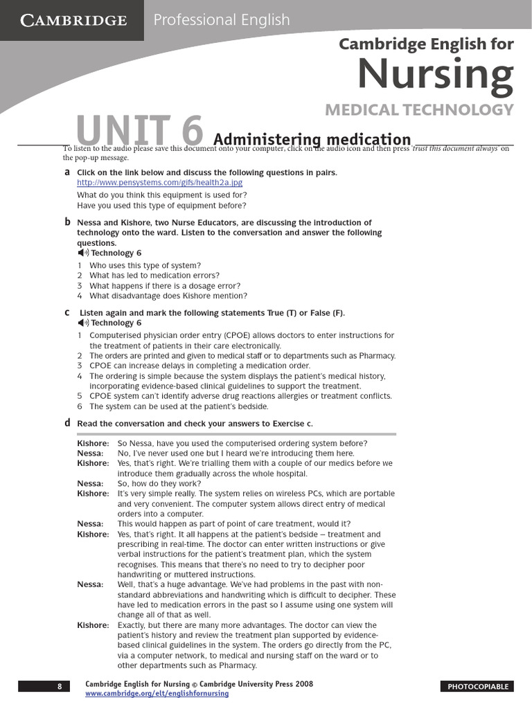 Cambridge English For Nursing Medical Technology Intermediate Unit6 ...