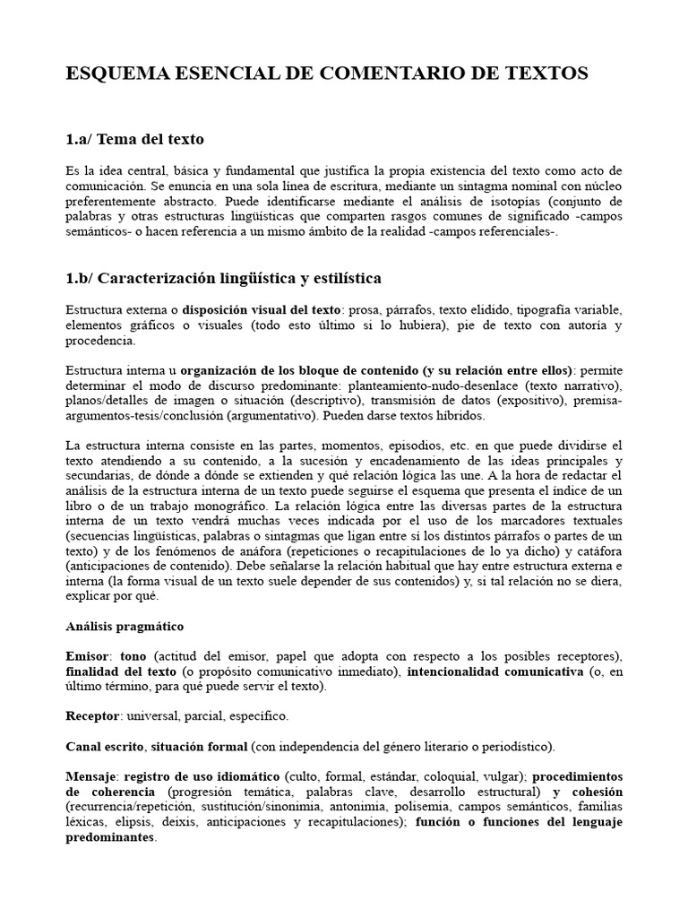 Esquema Esencial de Comentario de Textos para Bachillerato | PDF | Verbo | Oración (Lingüística)