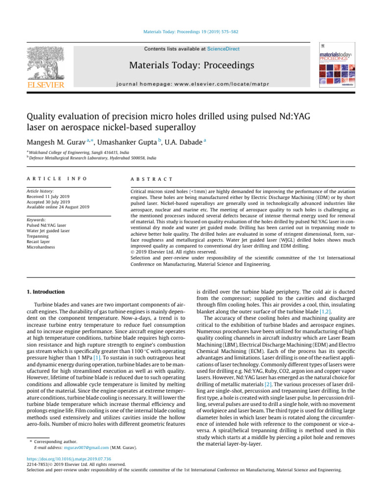 Quality Evaluation of Precision Micro Holes Drilled Using Pulsed ND YAG Laser On Aerospace ...