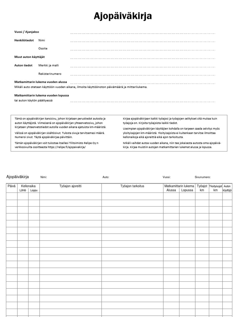 Tulostettava Ajopaivakirja | PDF