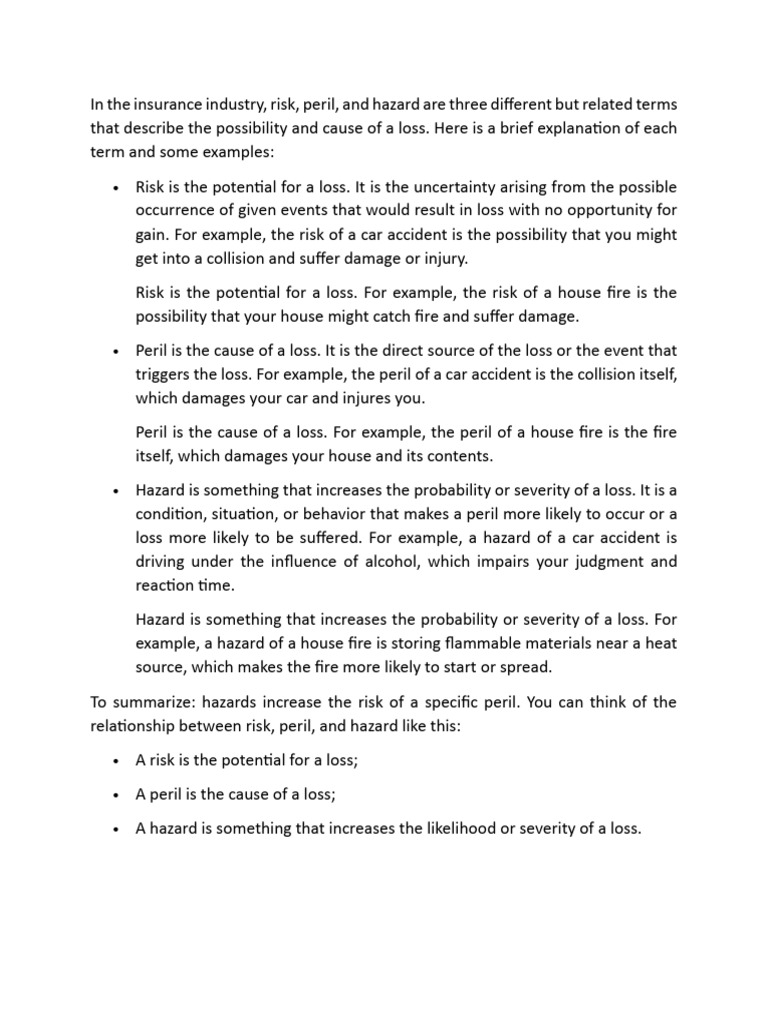 Risk Vs Peril Vs Hazard | PDF