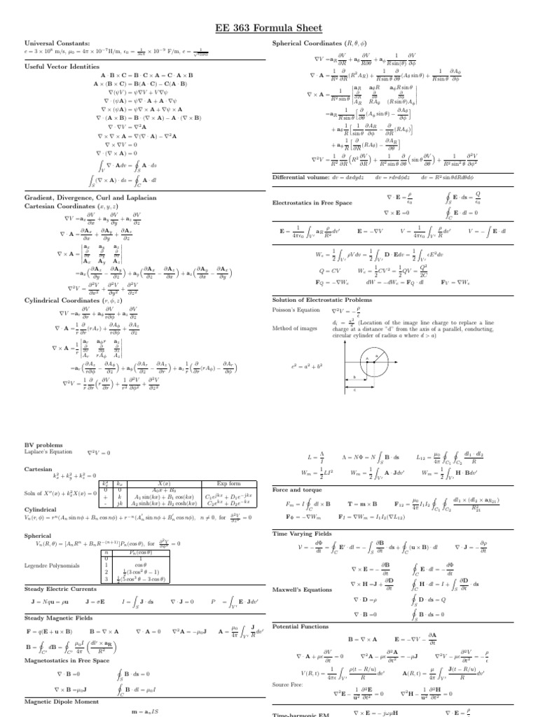 363-Formula Sheet | PDF | Geometry | Theoretical Physics