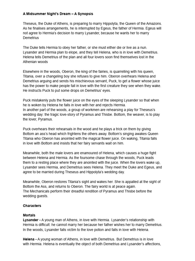A Midsummer Night's Dream Synopsis | PDF | A Midsummer Night's Dream ...
