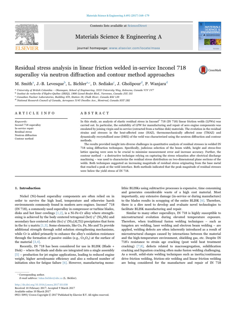 Residual Stress Analysis In Linear Friction Welded In Service Inconel 718 Superalloy Via Neutron