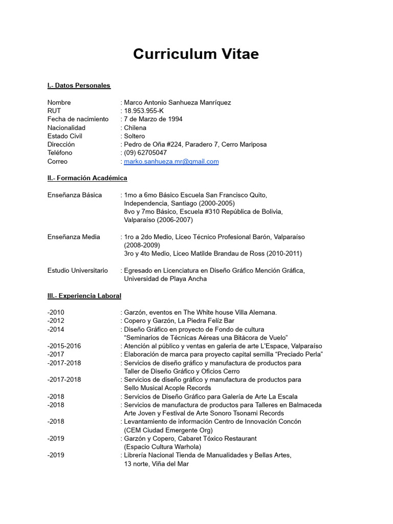 Curriculum Vitae Marco Sanhueza | PDF | Las artes | Diseño