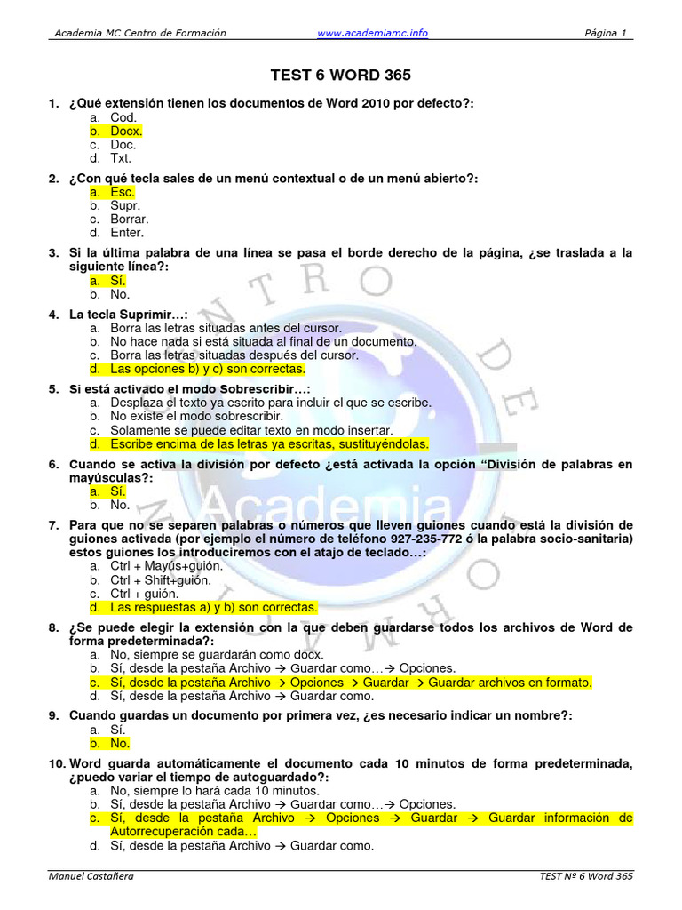 Test de Word 365: Preguntas y Respuestas | PDF | Microsoft Word | Software