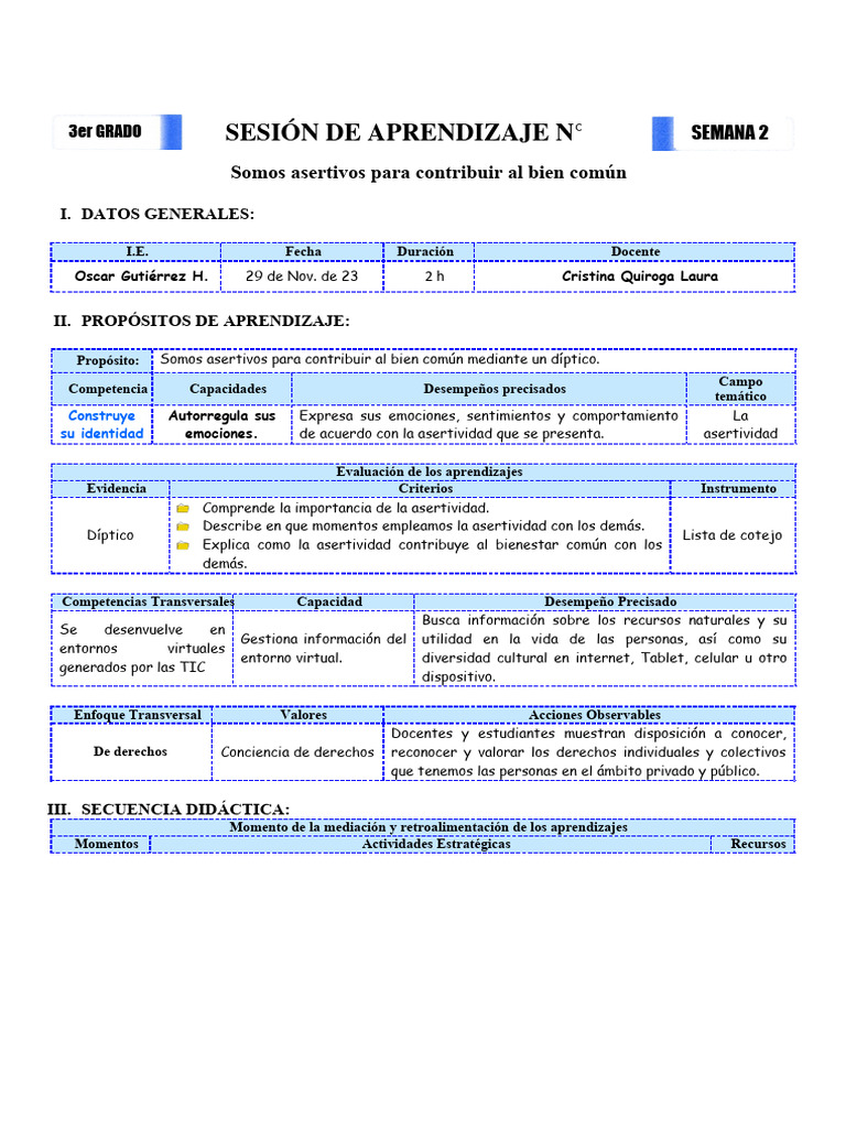 3° - Sesión - de - Aprendizaje 04-Sem.2-Exp.8-Dpcc | PDF | Aprendizaje | Evaluación