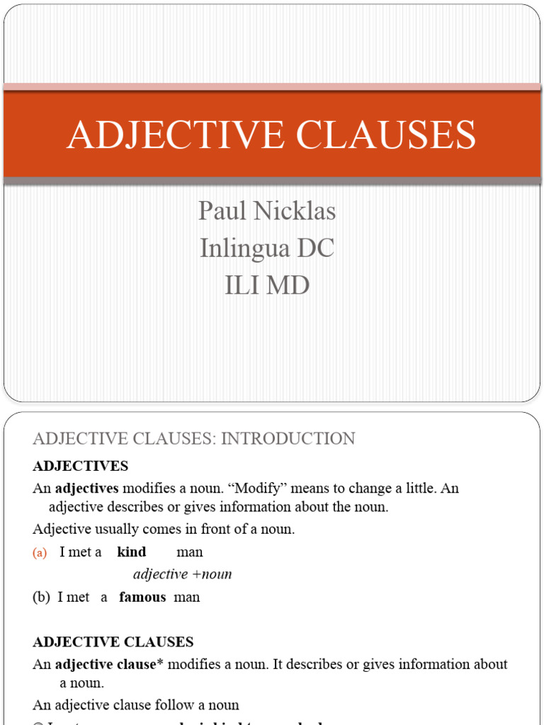 Adjective Clauses - Part 1, PowerPoint ILI MD, Grammar E4, Chapter 12 ...