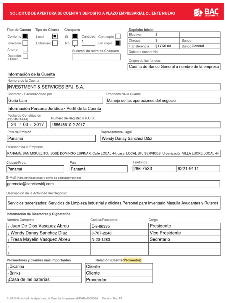 Solicitud de Apertura de Cuenta Empresarial | PDF | Transferencia bancaria | Bancos
