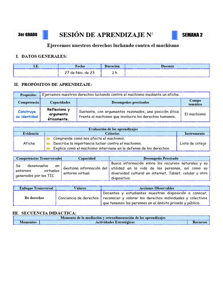 3°_SESIÓN_DE_APRENDIZAJE 03-SEM.2-EXP.8-DPCC | PDF | Aprendizaje | Evaluación